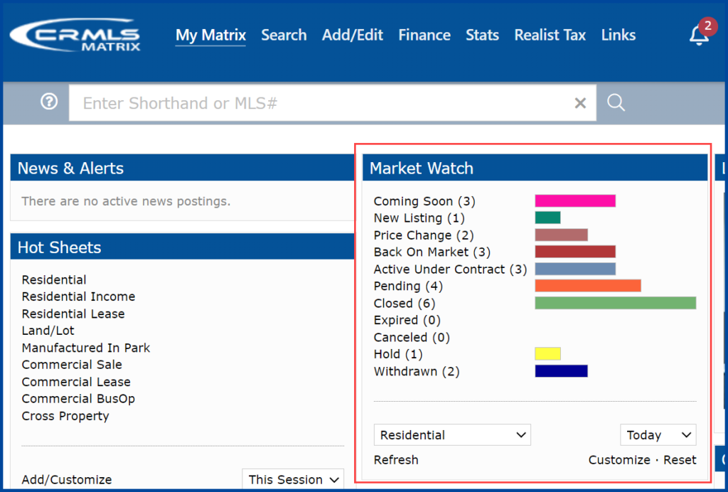 Matrix: How to Customize Your Market Watch - CRMLS Knowledgebase