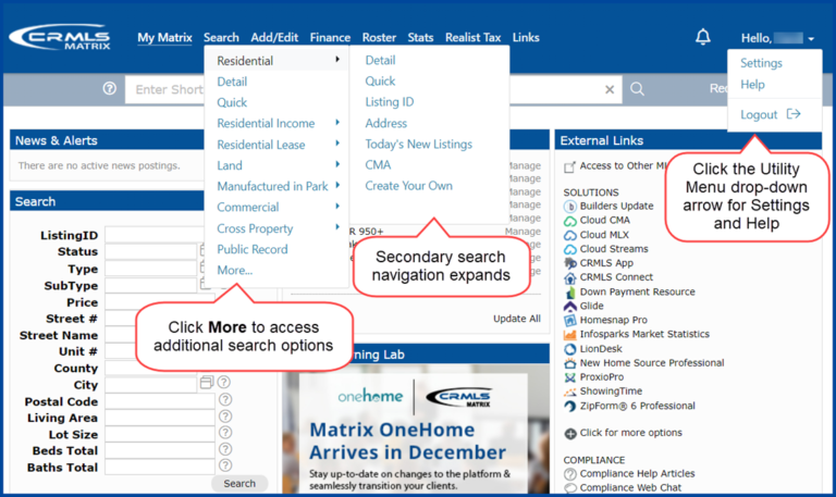 Matrix: How to Navigate Using the Menu Bar - CRMLS Knowledgebase