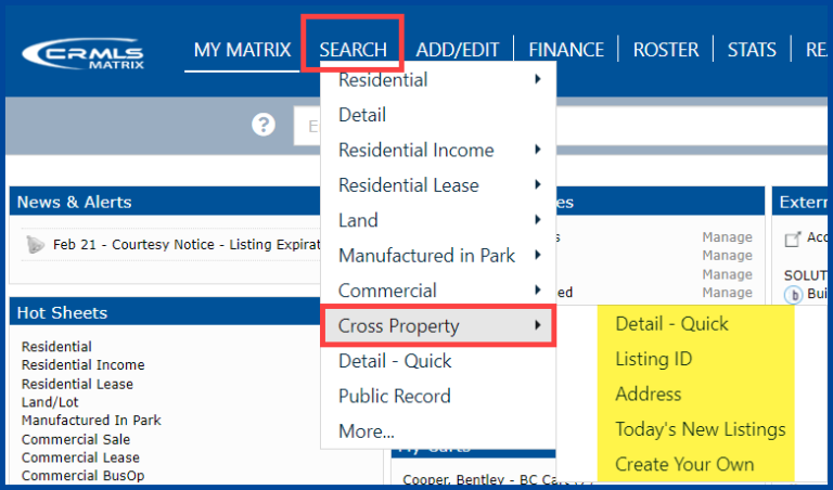 Matrix: How to Use a Cross Property Search - CRMLS Knowledgebase